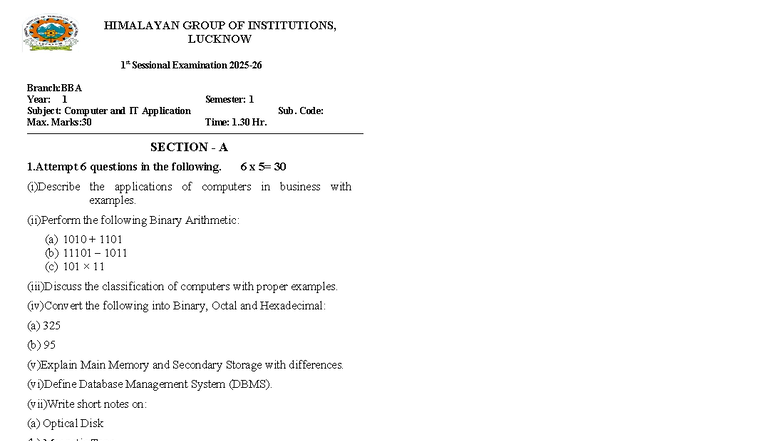 BBA 1st Sem Computer & IT Application 1st Sessional Exam - Studocu