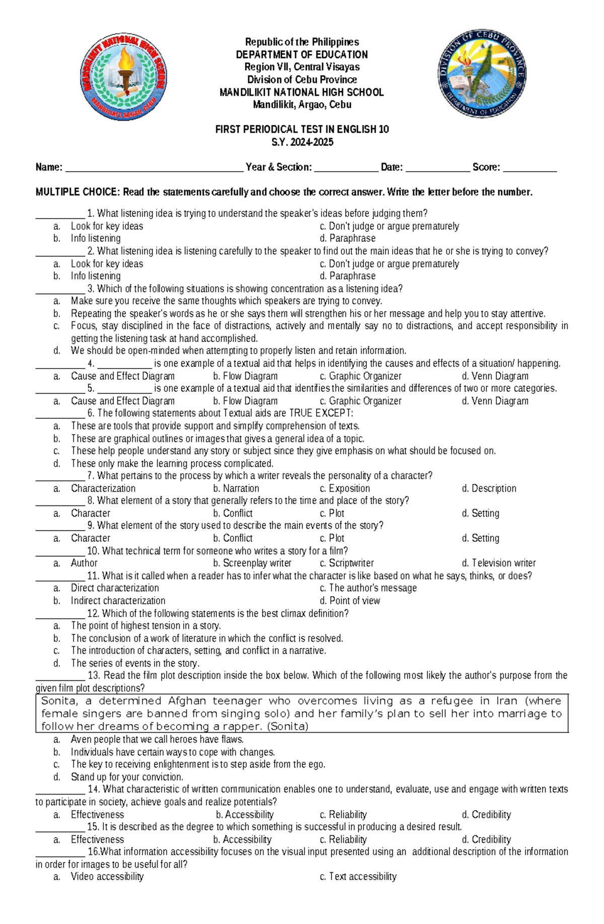 English 10 - First Periodical Test Review and Practice - Studocu