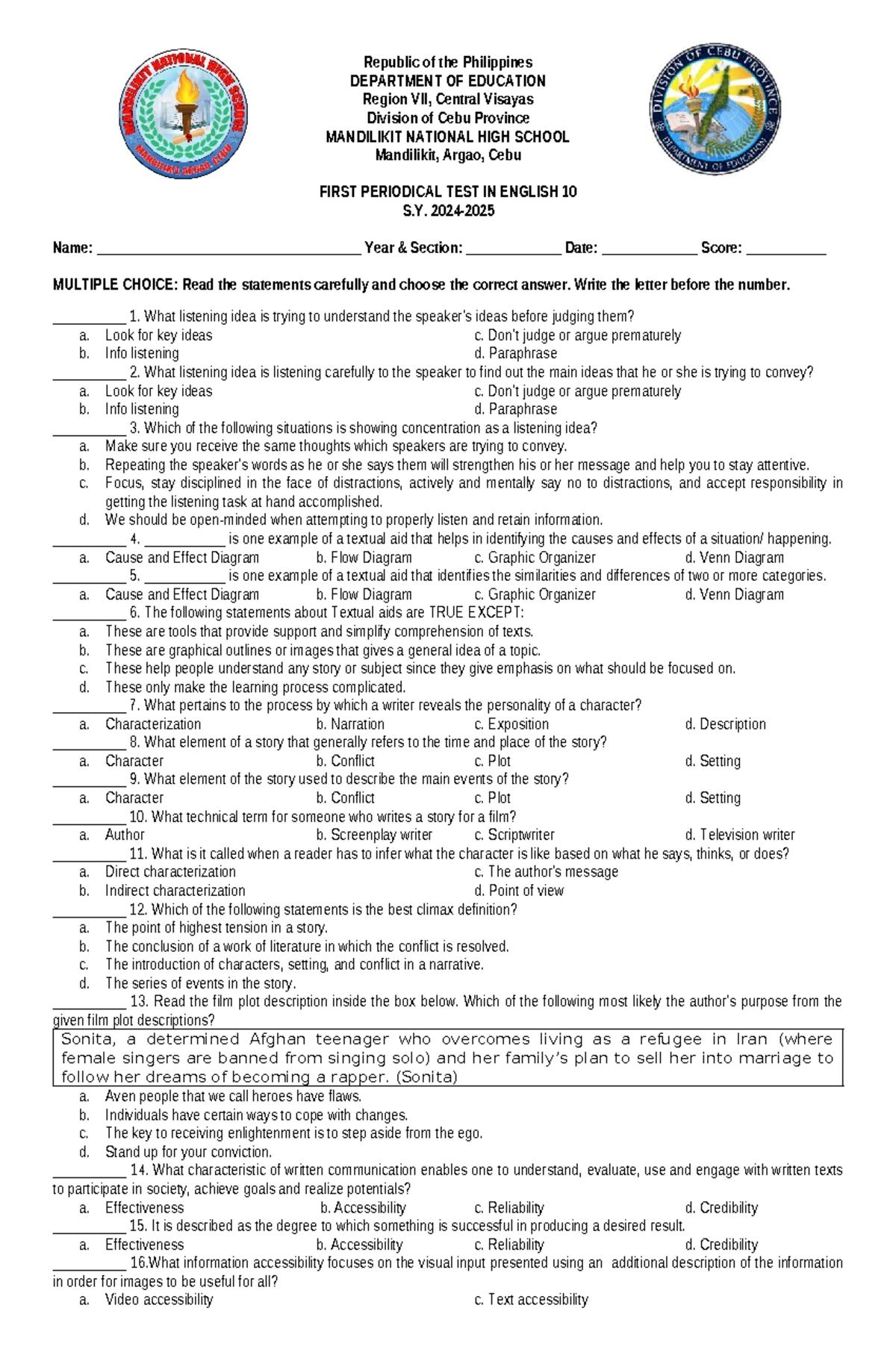 MAPEH 9 - First Periodical Test Review and Exam Guide - Studocu