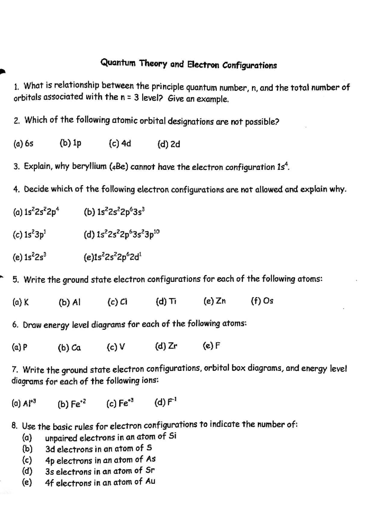 Formative Assessment: Electron Configurations & Energy Levels 1 - Studocu