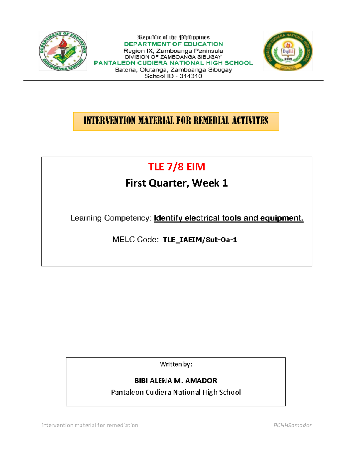 Intervention Material for Remedial Activities in TLE 7/8 EIM - Studocu