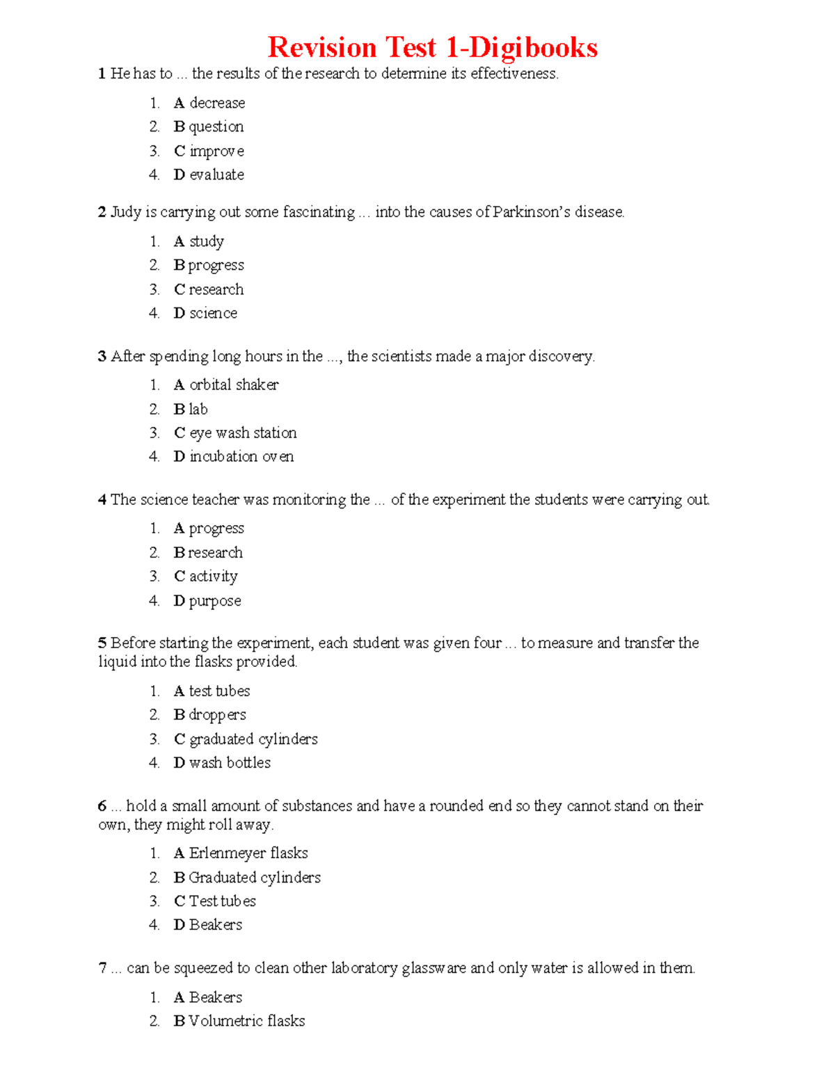 Revision Test 1: Science Concepts and Terminology - Studocu