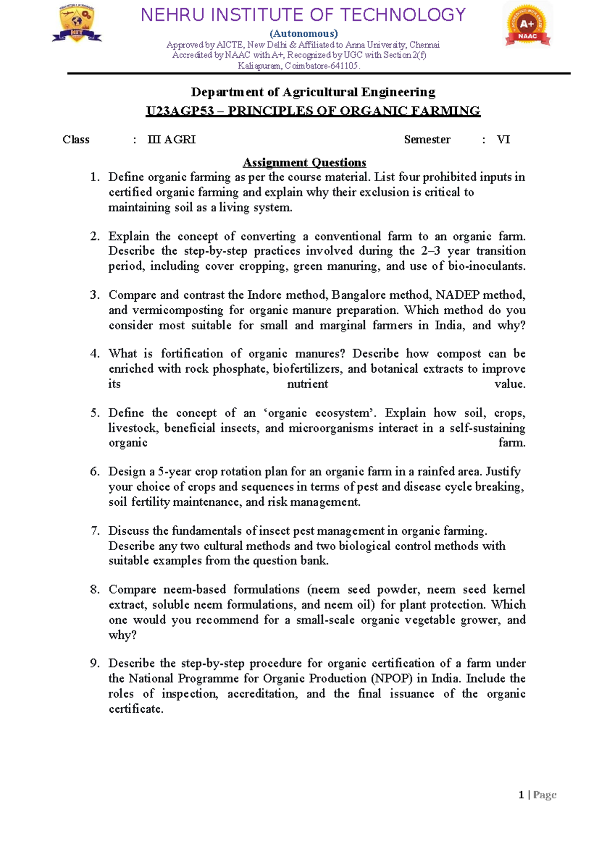 U23AGP53 Principles of Organic Farming Assignment Questions - Studocu
