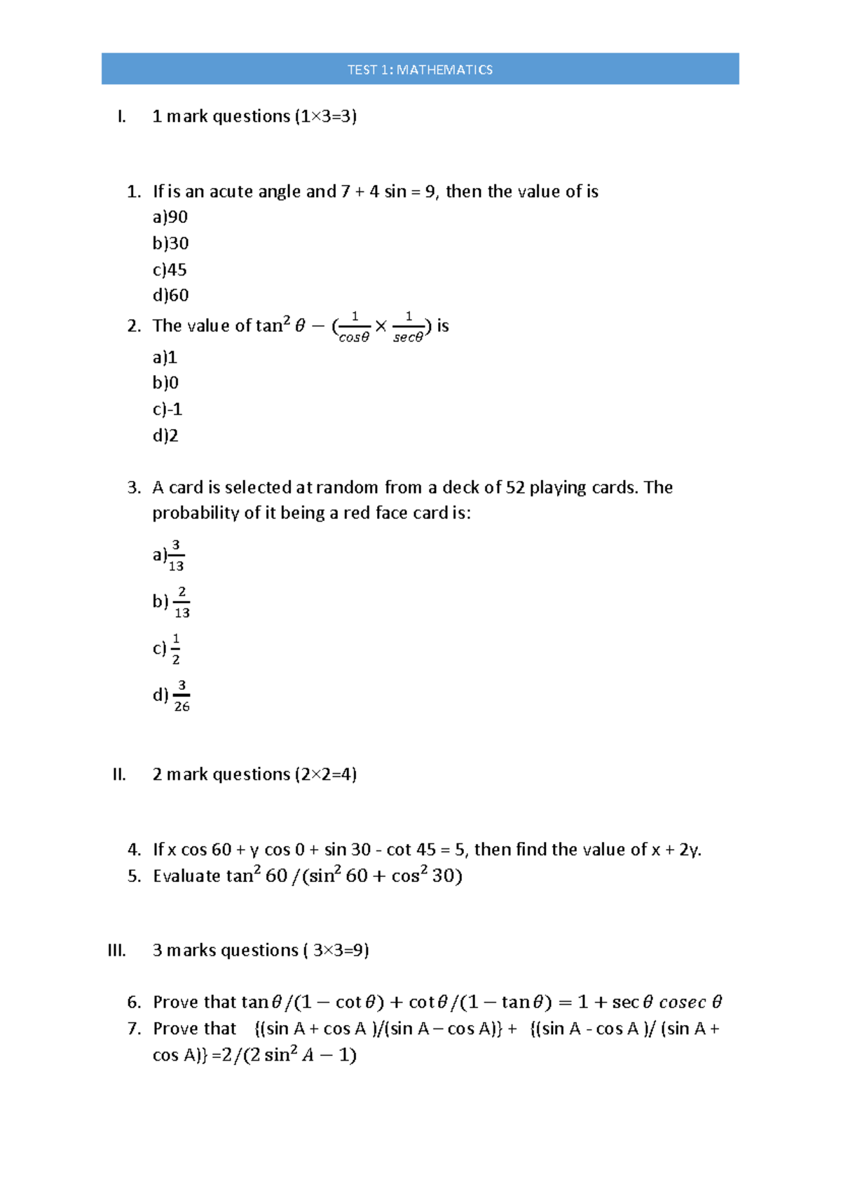 TEST 1: MATHEMATICS I - Practice Questions and Solutions - Studocu