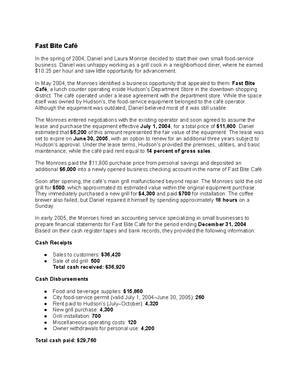 Fast Bite Café Case Study: Business Launch & Financials Analysis - Studocu