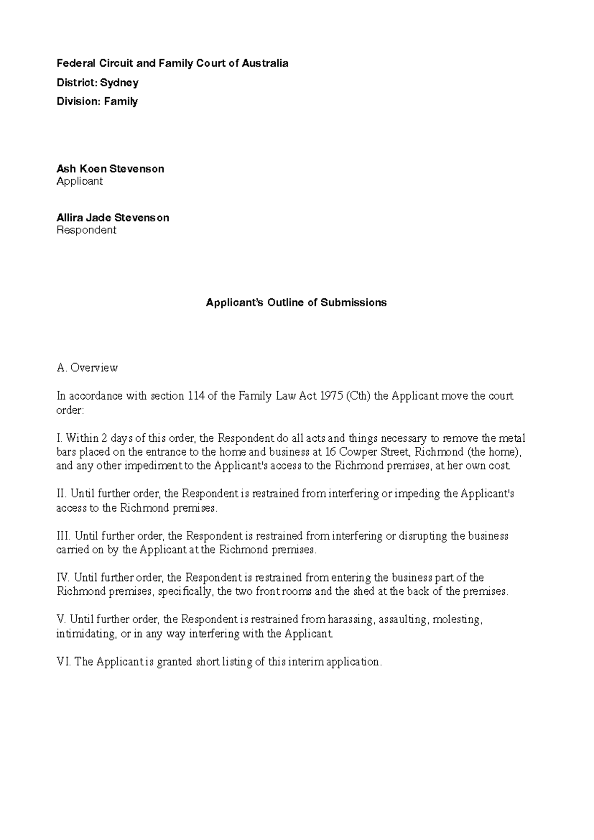 Family Law Submission - A. Koen Stevenson v. A. Jade Stevenson - Studocu