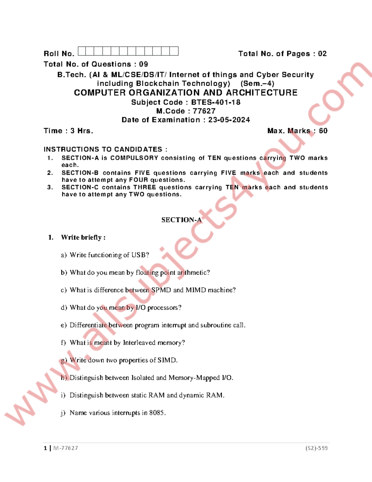 B.Tech Sem 4: Computer Organization & Architecture (BTES 401) Exam ...