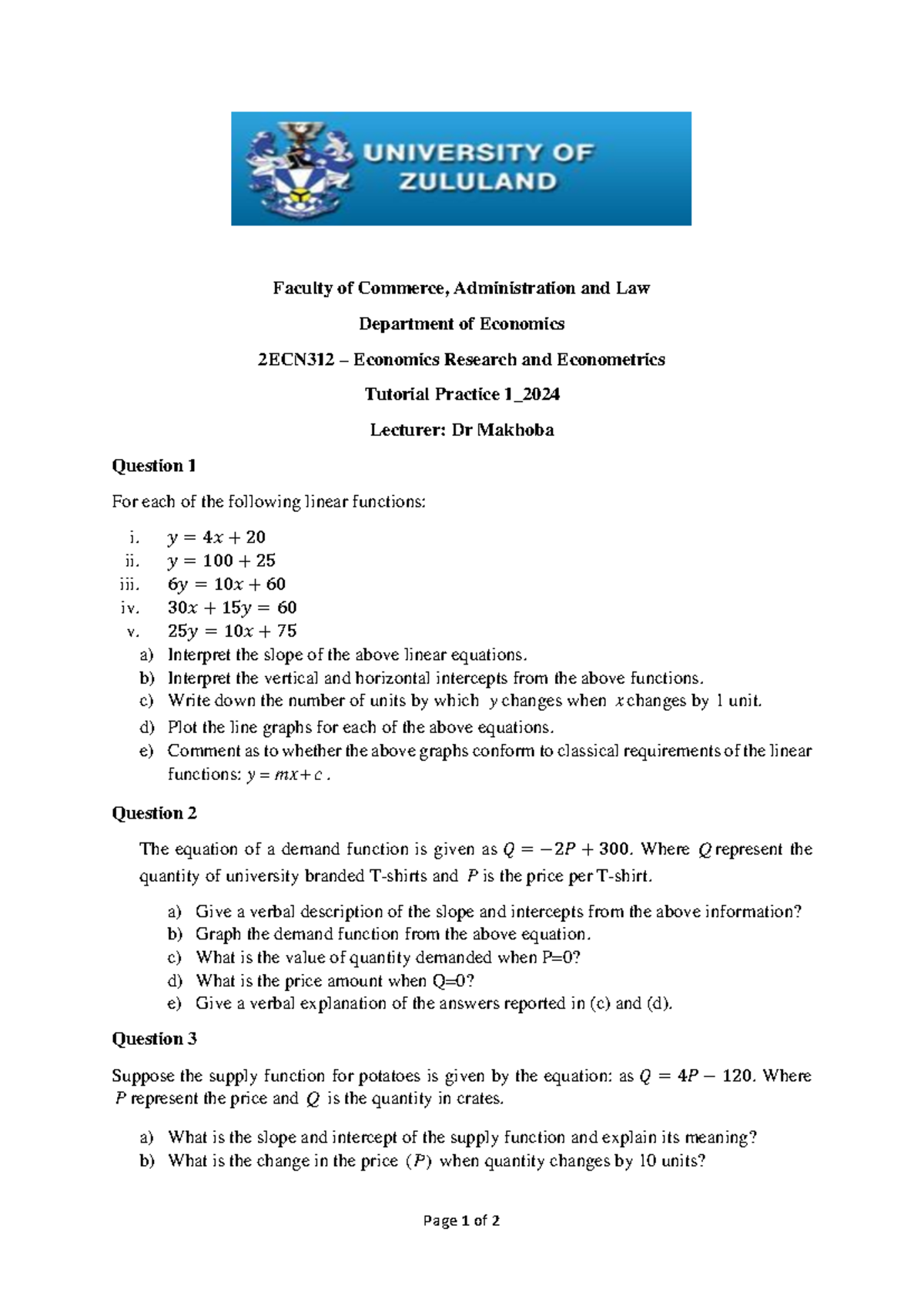 2ECN312 Economics Research & Econometrics Tutorial 1_2024 - Studocu
