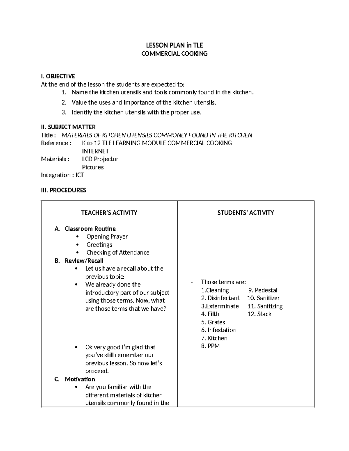 Lesson Plan: Kitchen Utensils in TLE Commercial Cooking I - Studocu