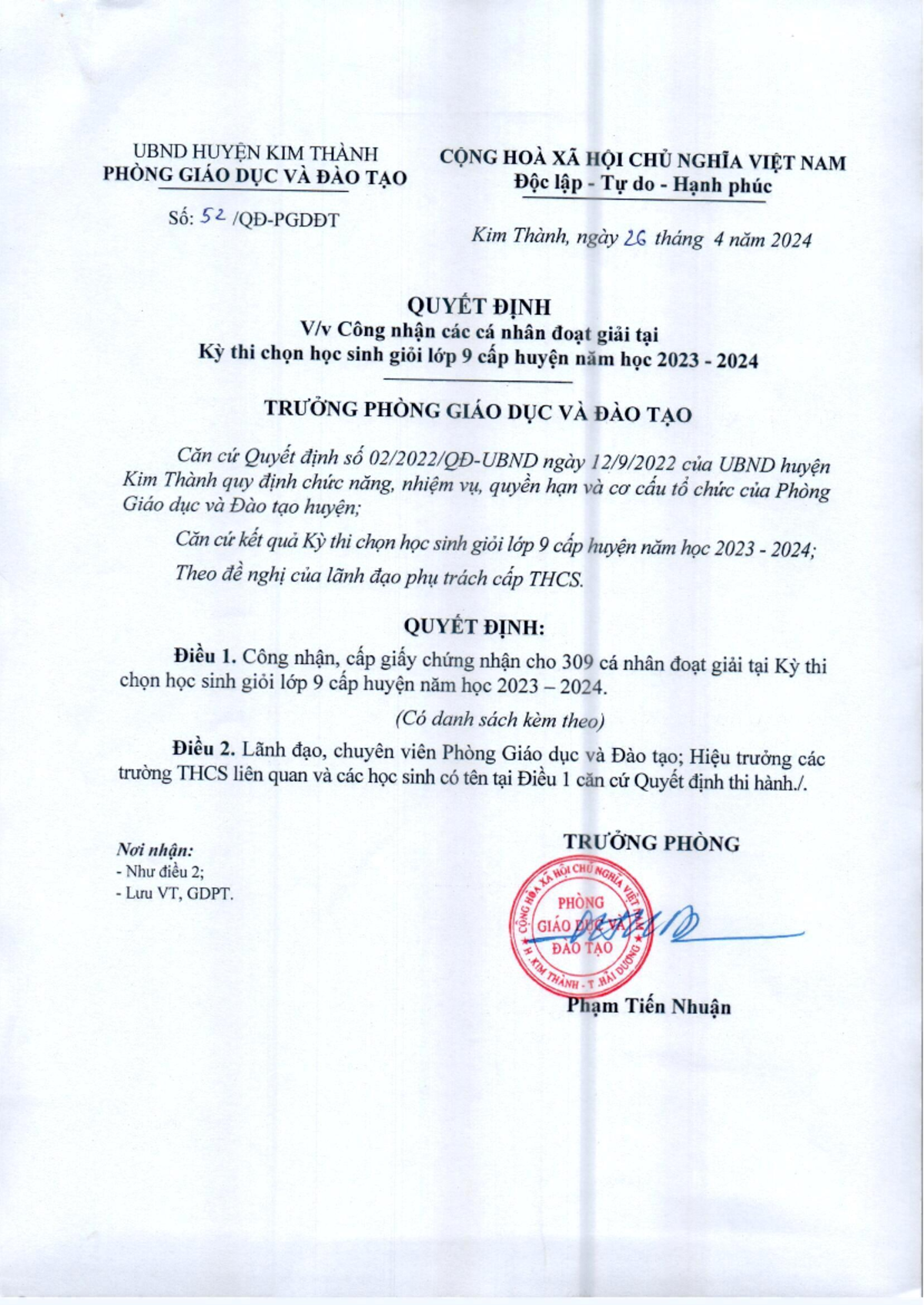 Kết Quả Kỳ Thi HSG Lớp 9 Huyện Năm Học 2023-2024 - Studocu