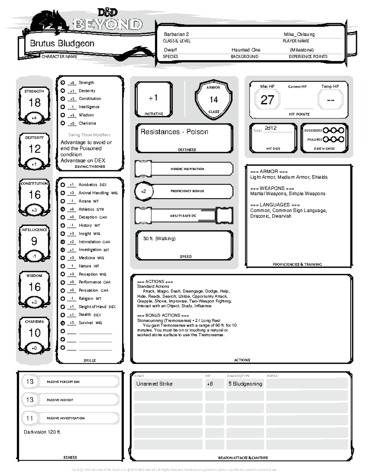 Brutus Bludgeon Character Sheet (Barbarian 2) - D&D 5E - Studocu