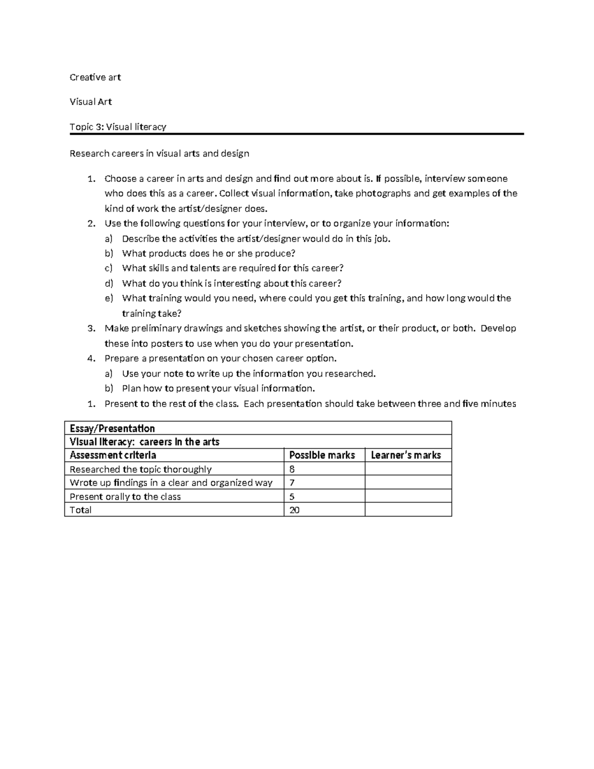 Creative Art: Visual Literacy & Careers in Arts (Topic 3) - Studocu