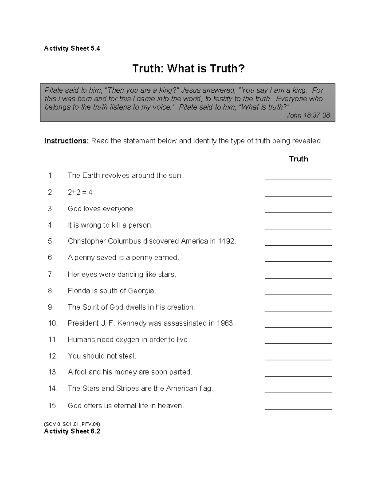 Activity Sheet 5.4: Exploring Truths in Literature (SCV.0, SC1.01, PFV ...