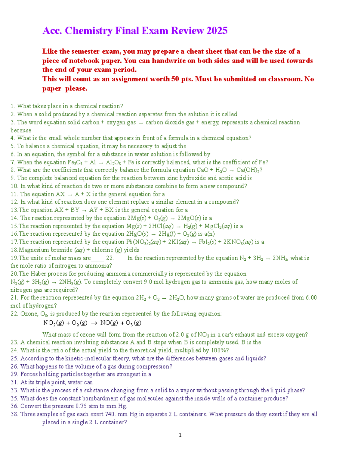 Acc. Chemistry Spring 2024 Final Exam Review Guide - Studocu