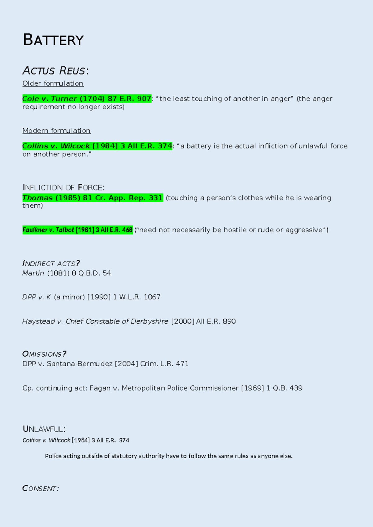 Battery Law Overview: Key Cases and Concepts in Criminal Law (CL 101 ...
