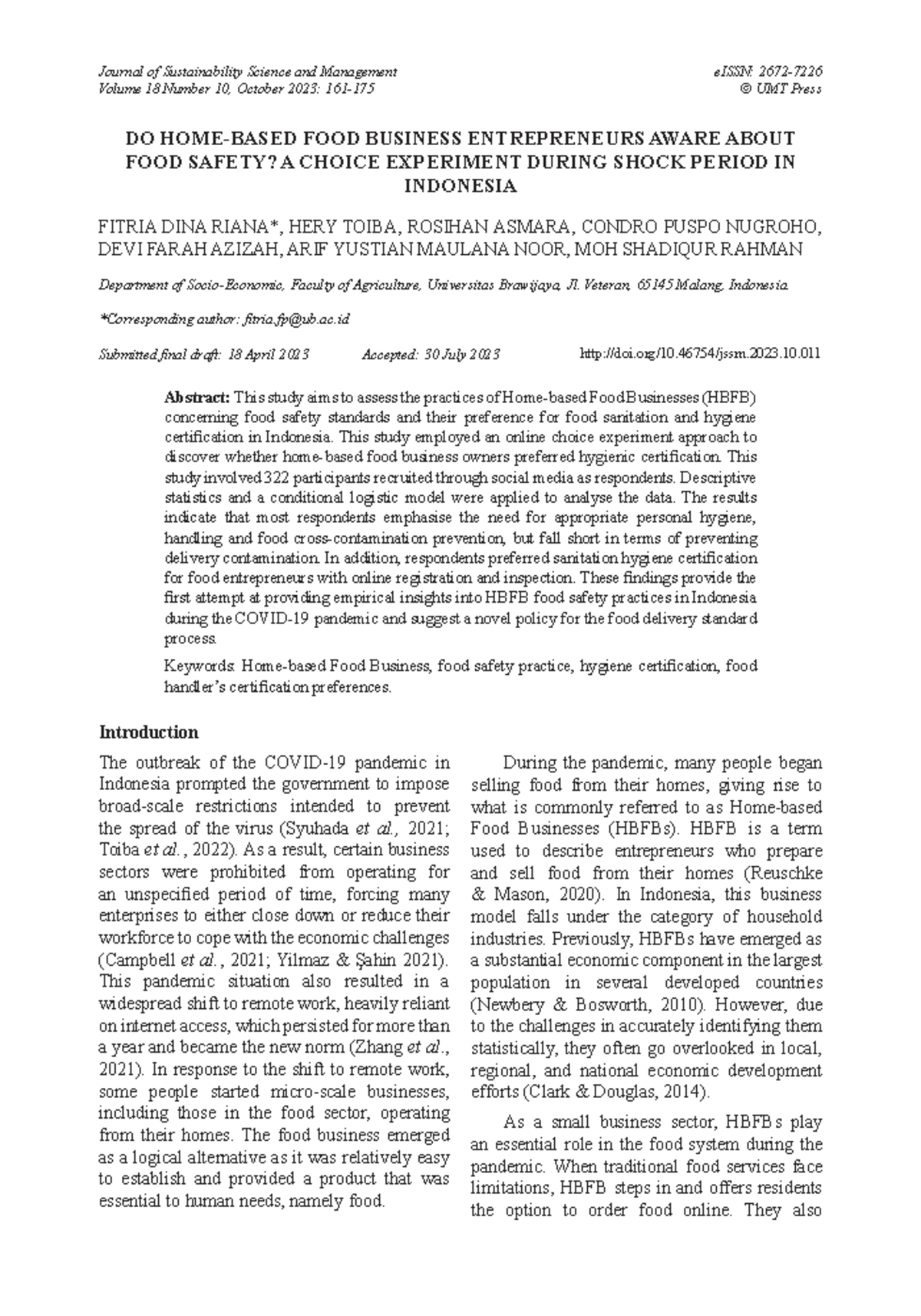 JSSM 18(10): Food Safety Awareness Among Home-Based Food Businesses in ...