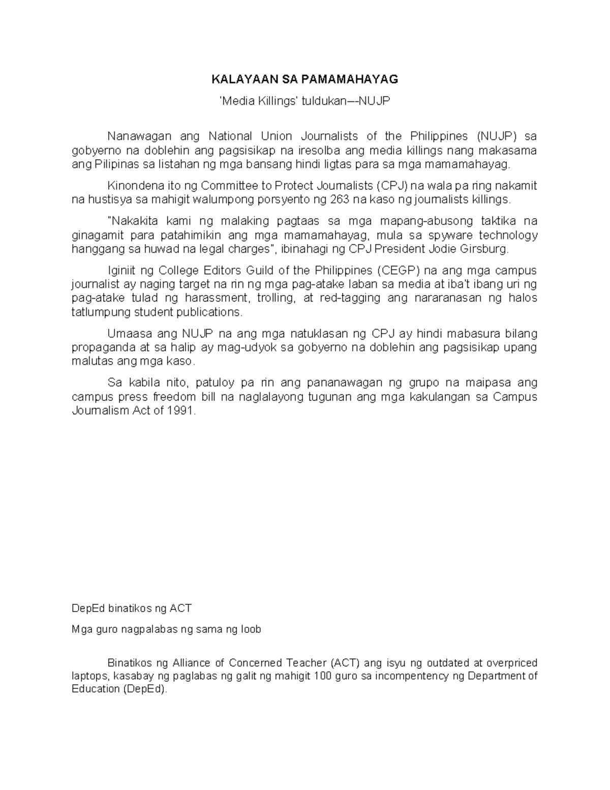 KALAYAAN SA PAMAMAHAYAG: Pagsusuri sa Media Killings at Campus Press ...