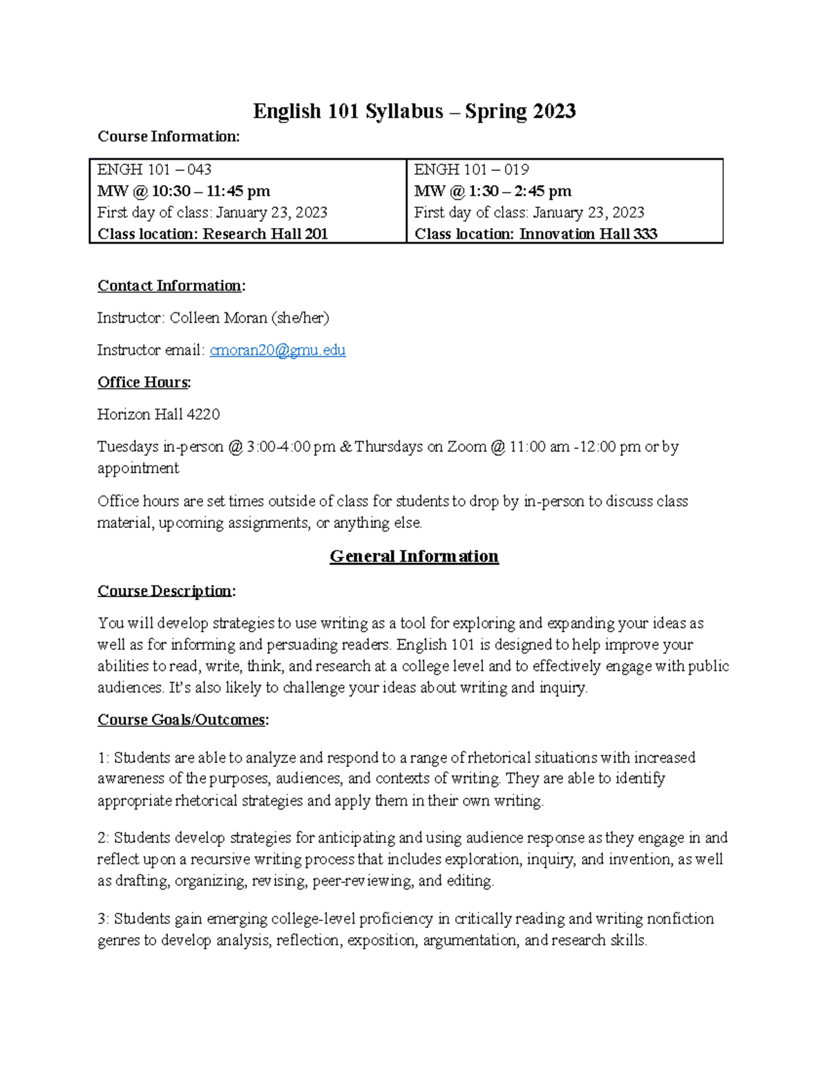 English 101 Syllabus Spring 23 - English 101 Syllabus – Spring 2023 ...