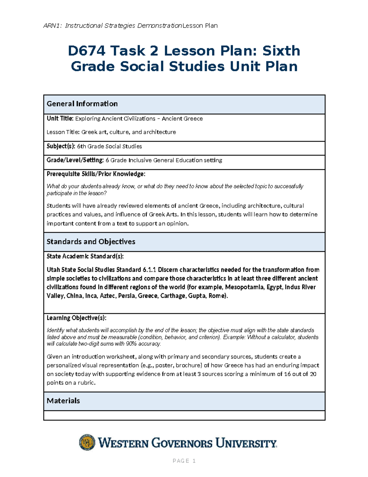 ARN1: D674 Task 2 Lesson Plan on Greek Art & Culture for 6th Grade ...