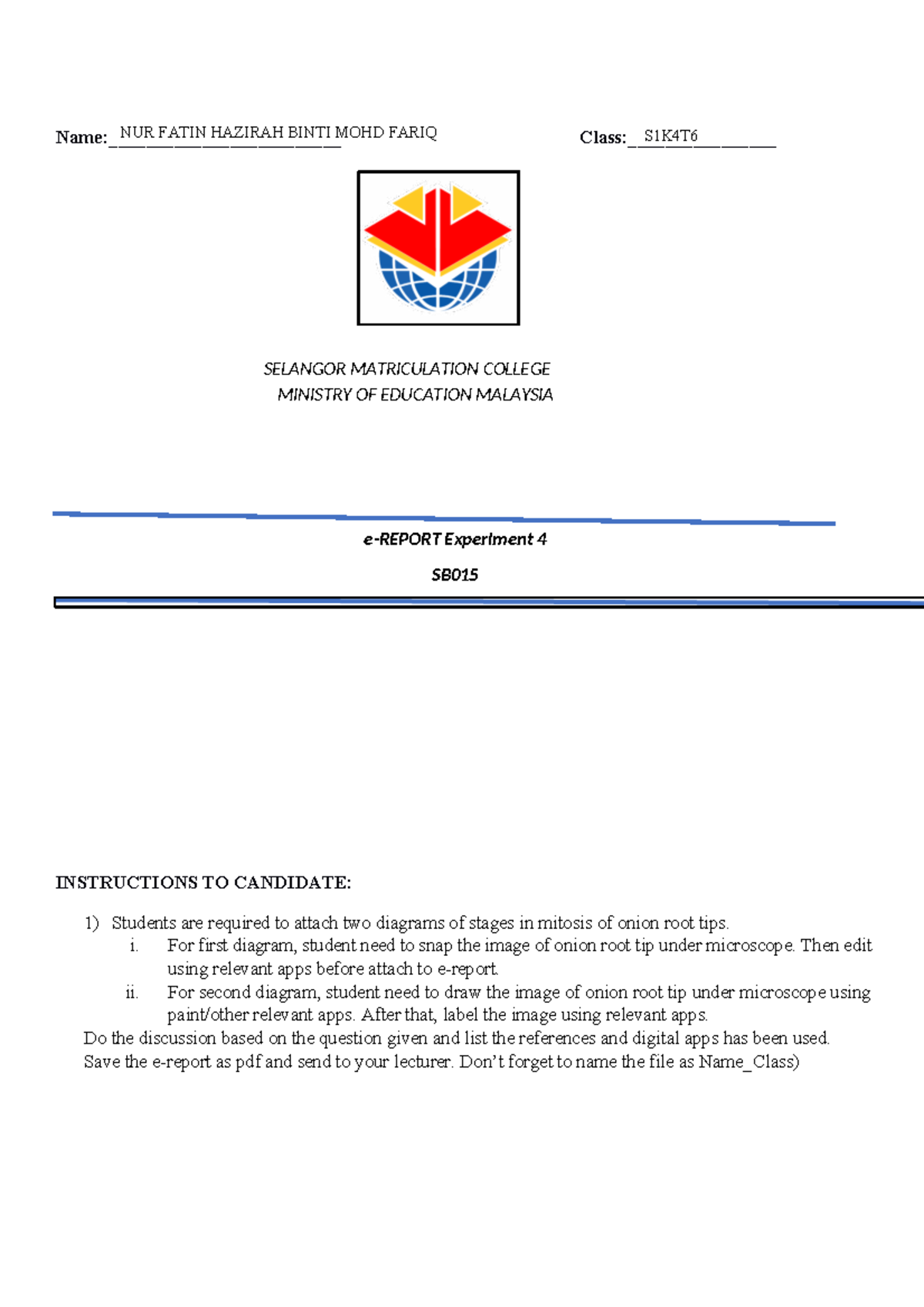 NUR S1K4T6 Experiment 4: Mitosis Stages in Onion Root Tips - Studocu
