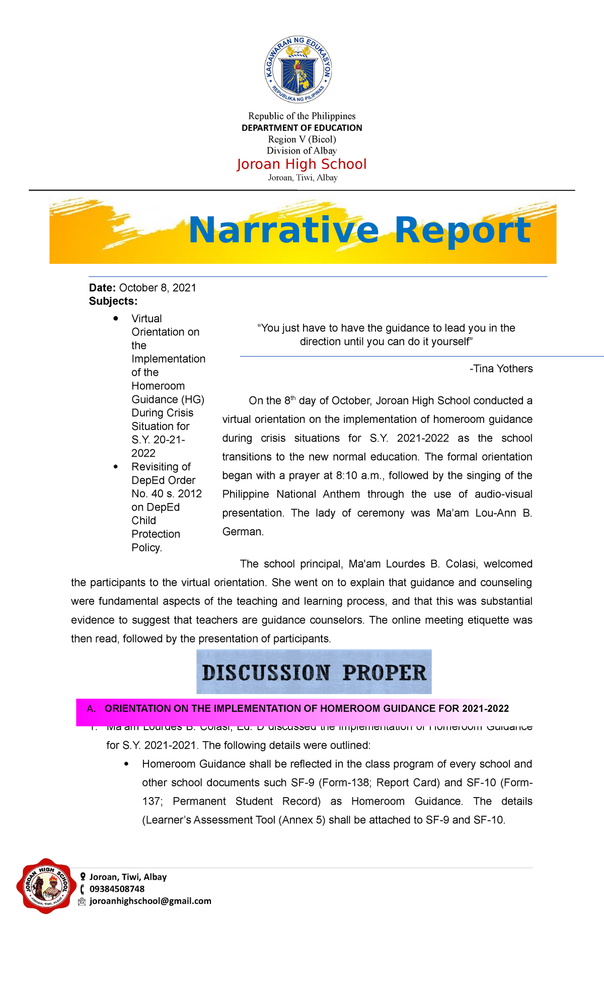 HG-Implementation of Homeroom Guidance (HG) During Crisis S.Y. 2021 ...