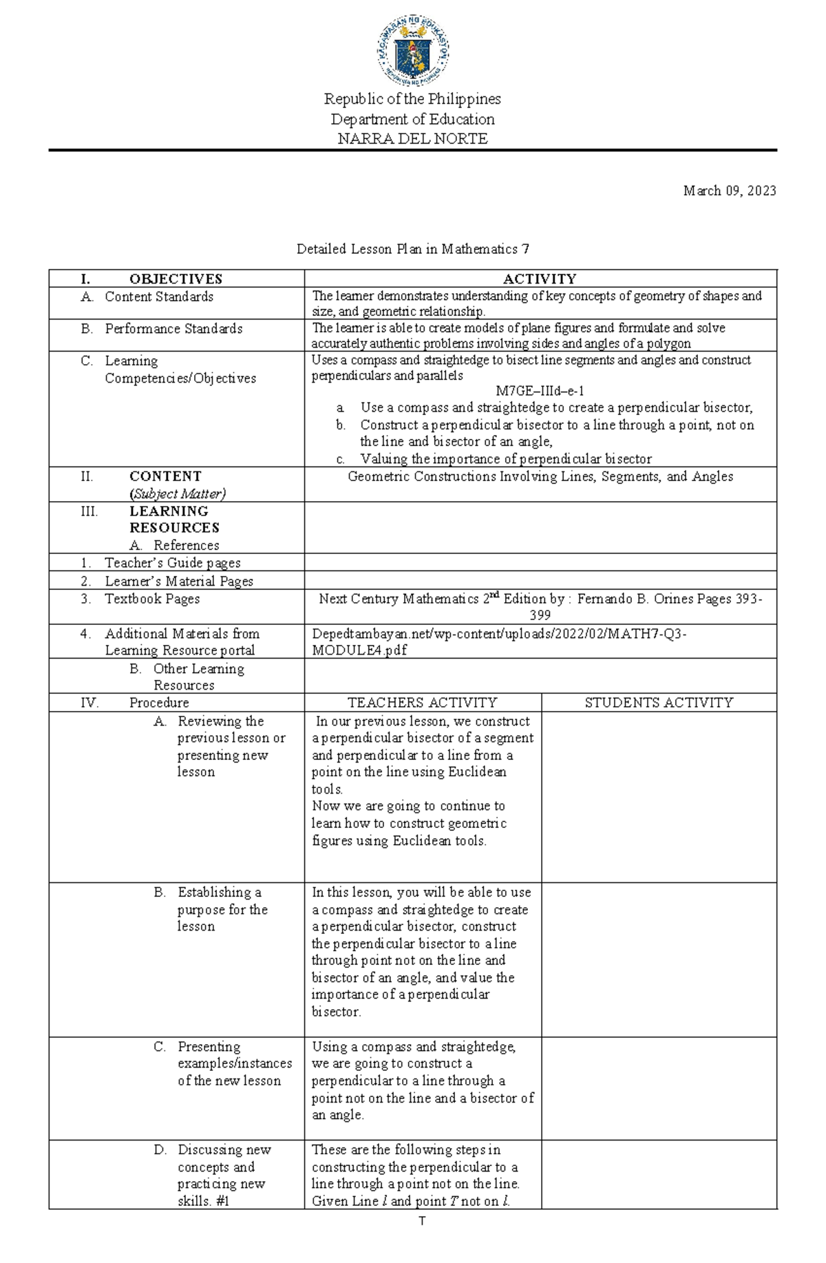 LP in Math 7 W4D4 - Lesson Plans for Grade 7 Third/ Fourth Quarter ...