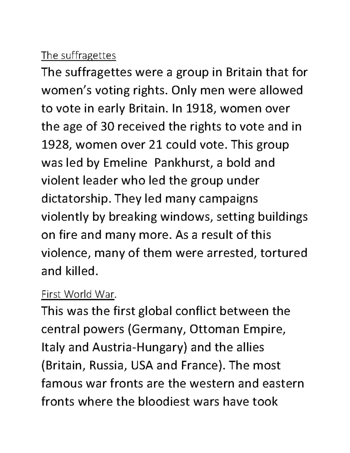 History 8 - Notes on Suffragettes, World Wars, and British Empire - Studocu