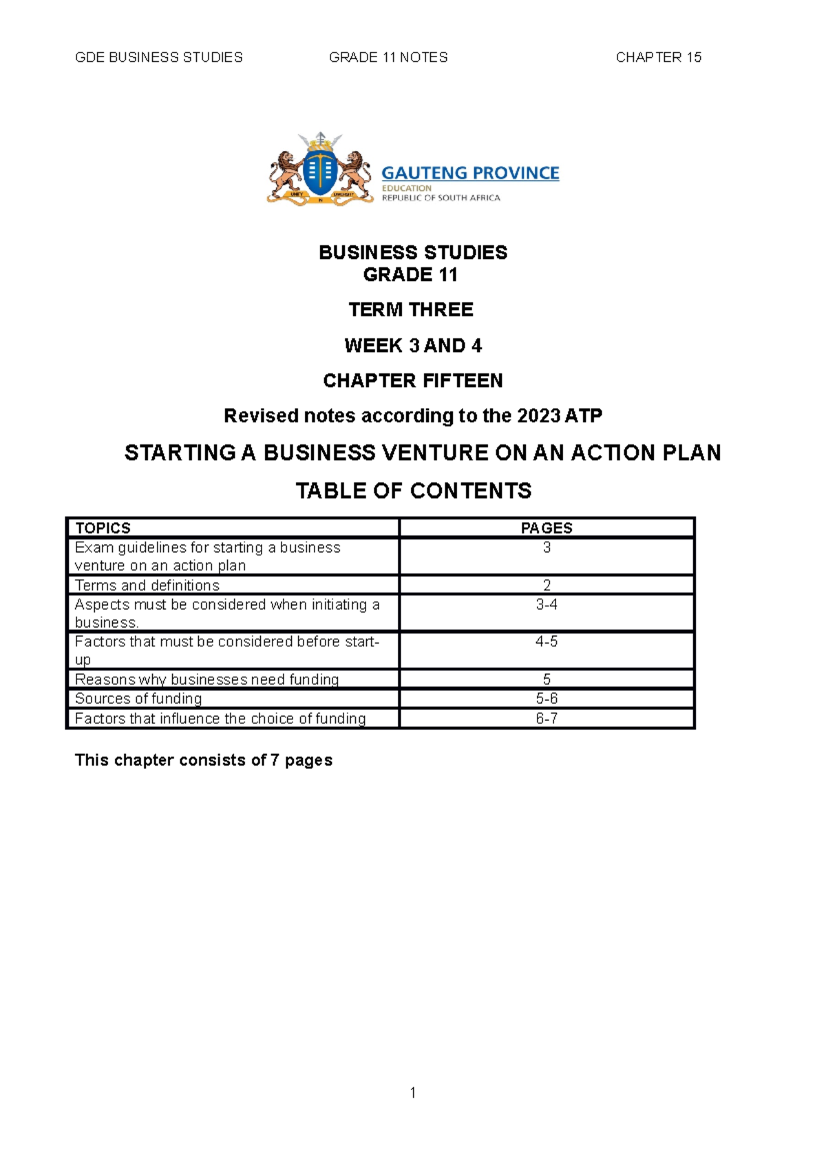 Business Studies Grade 11 Notes: Chapter 15 - Starting a Business ...