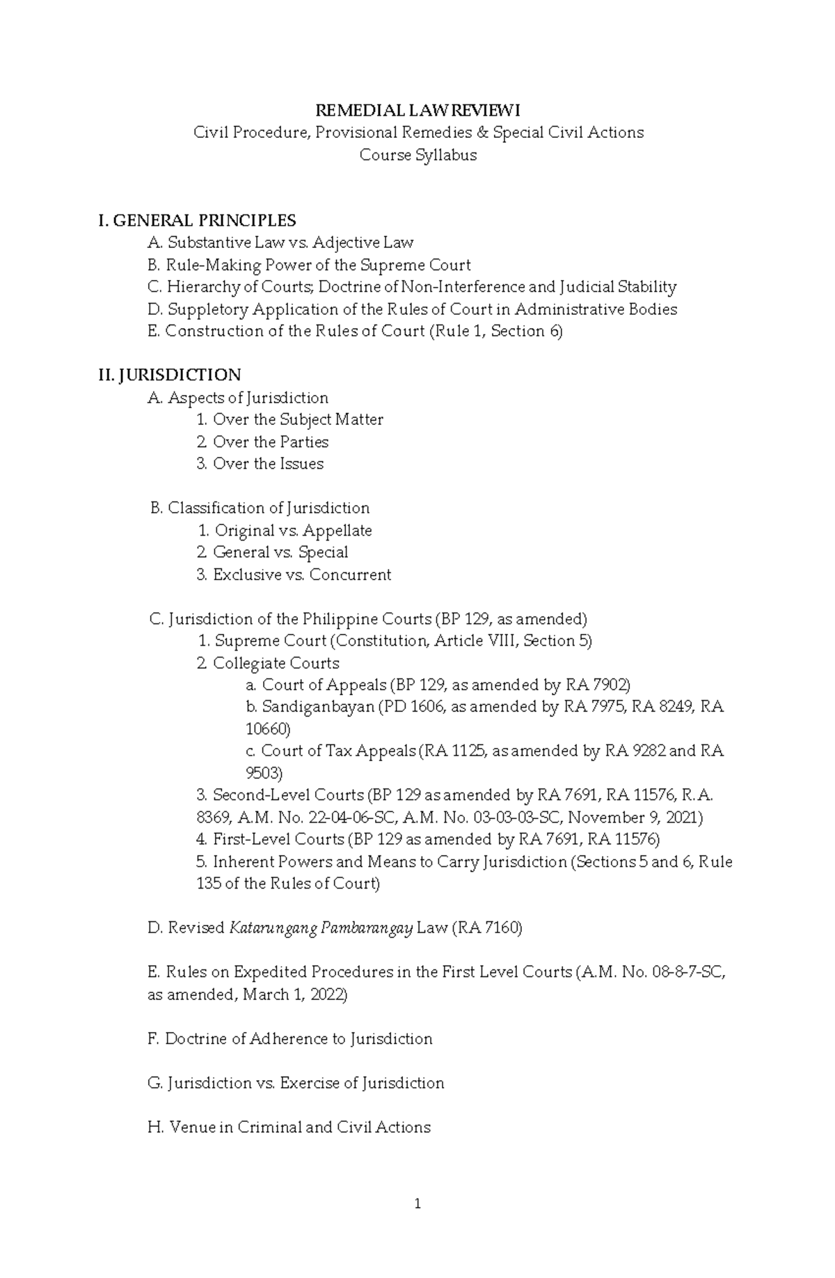 Remedial Law Review I: Course Syllabus on Civil Procedure & Special ...