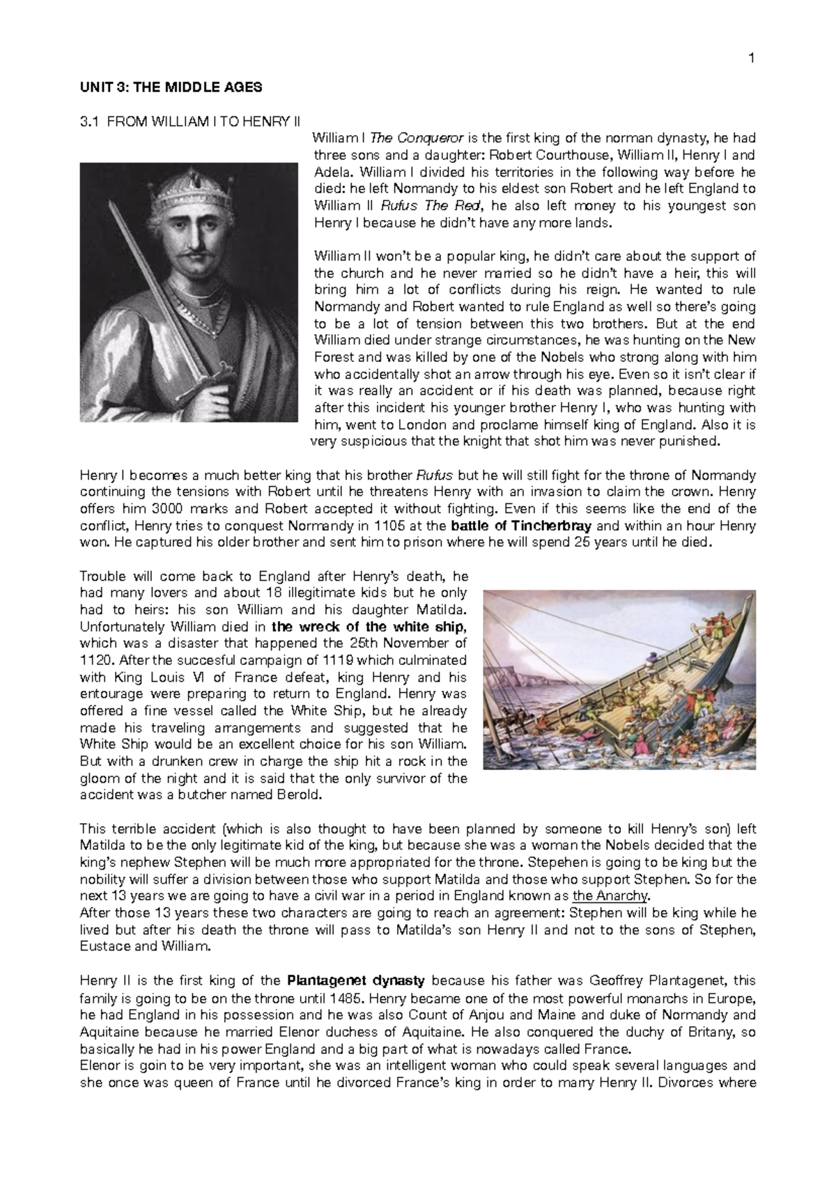 Historia Unit 3: The Middle Ages - Key Events and Monarchs - Studocu