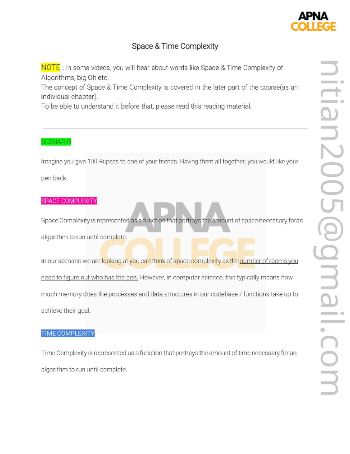 APNA COLLEGE Space and Time Complexity Overview - Studocu