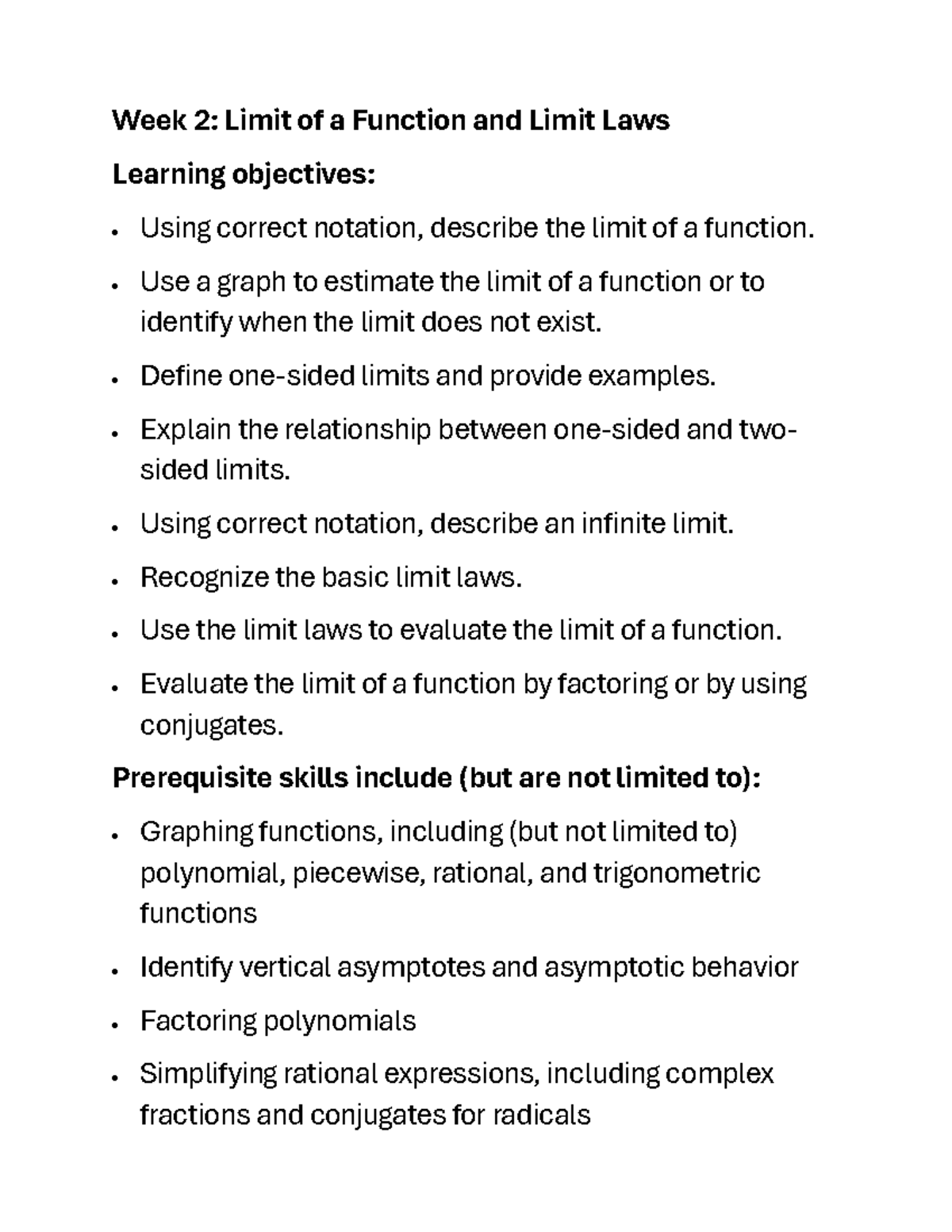 Week 2: Limits of Functions and Limit Laws (MATH 101) - Studocu