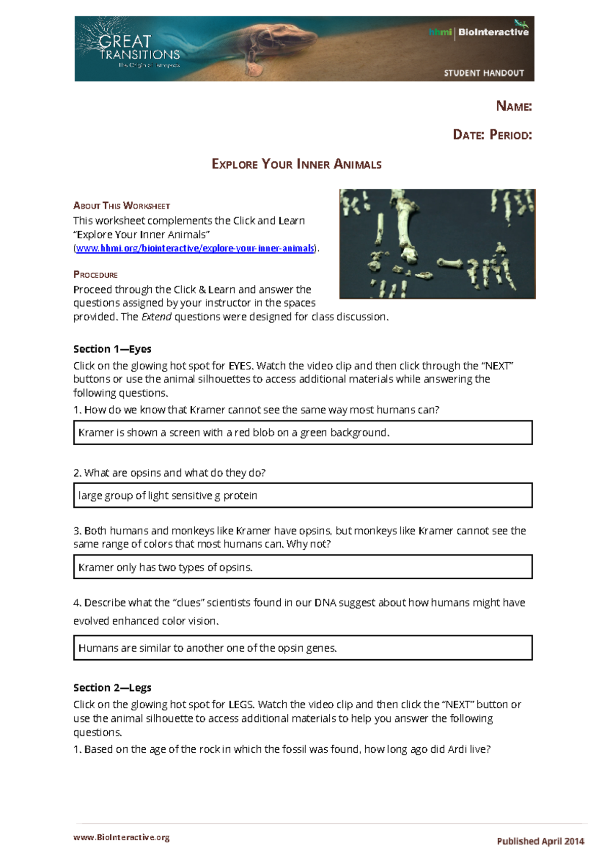 Exploring Your Inner Animals Worksheet for Bio 101 - Studocu