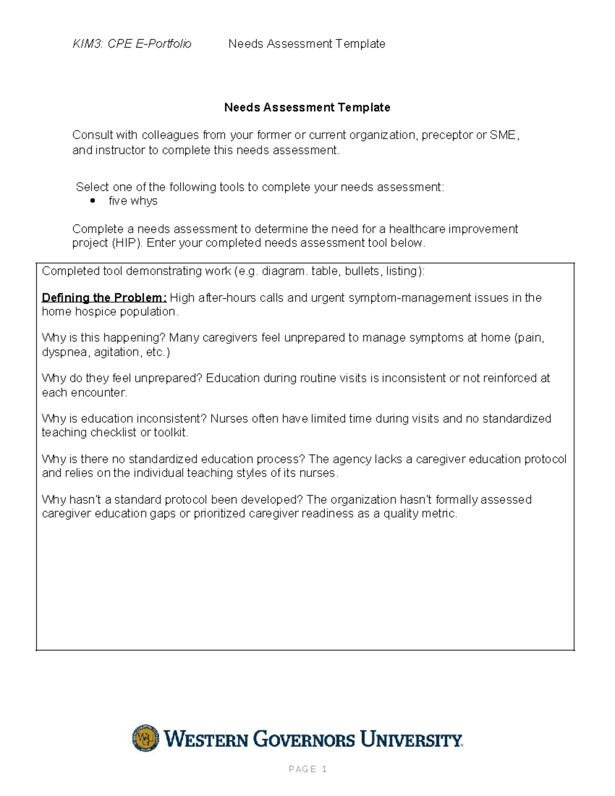 KIM3: Completed Needs Assessment Template for Healthcare Improvement ...