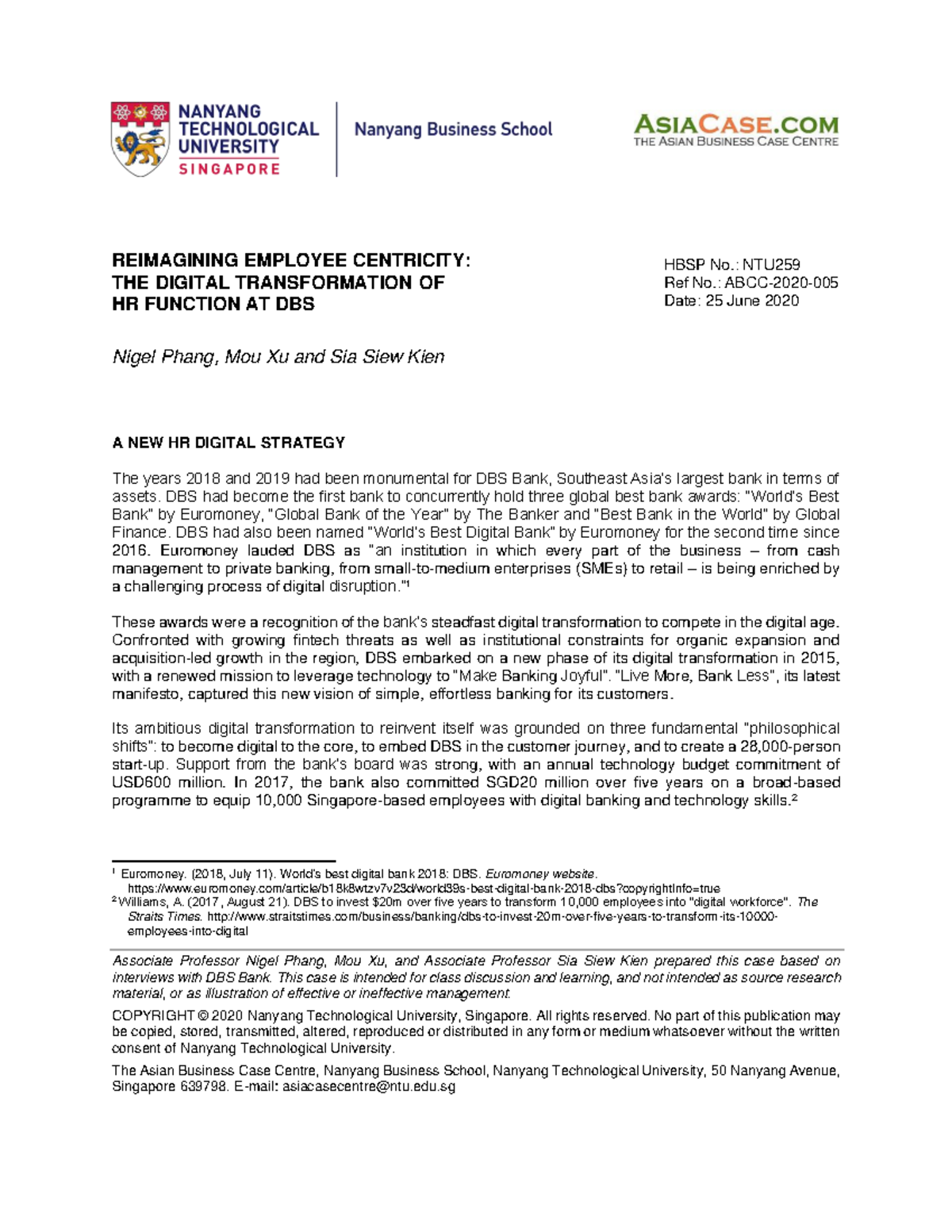 DBS Case Study: Digital Transformation of HR Function (NTU259) - Studocu