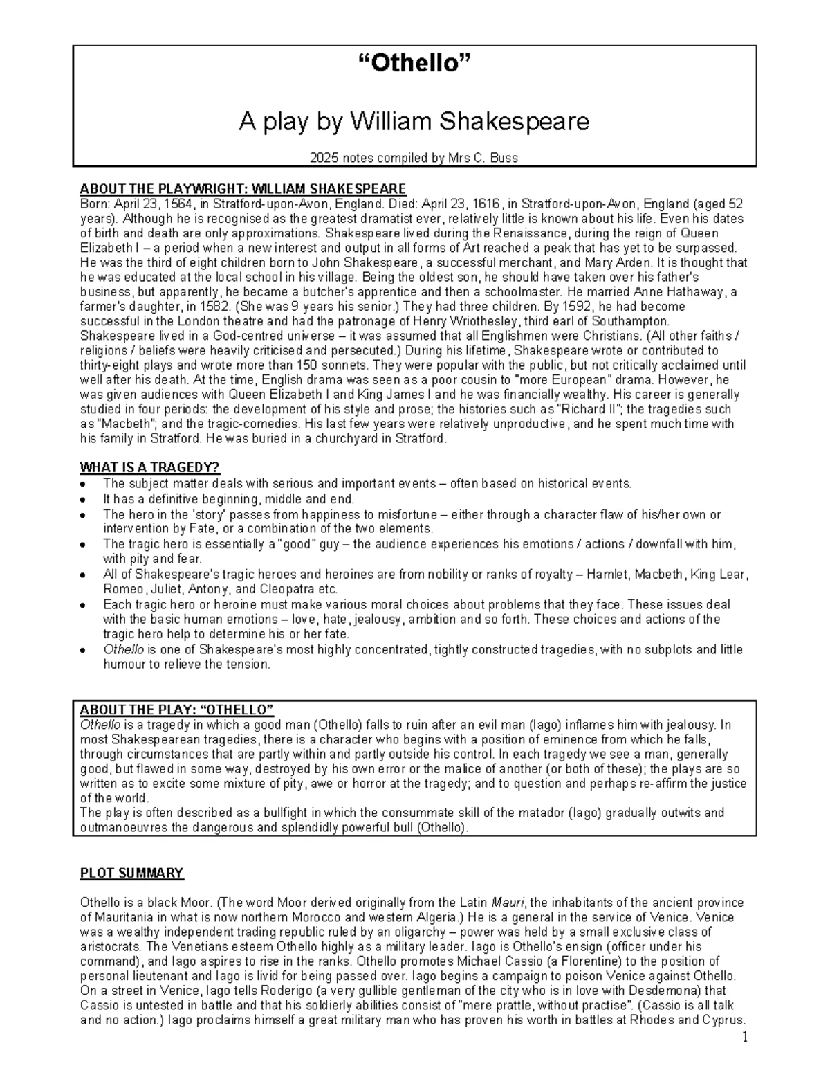 Othello Study notes - Othello Study notes: Characters: Othello The play ...