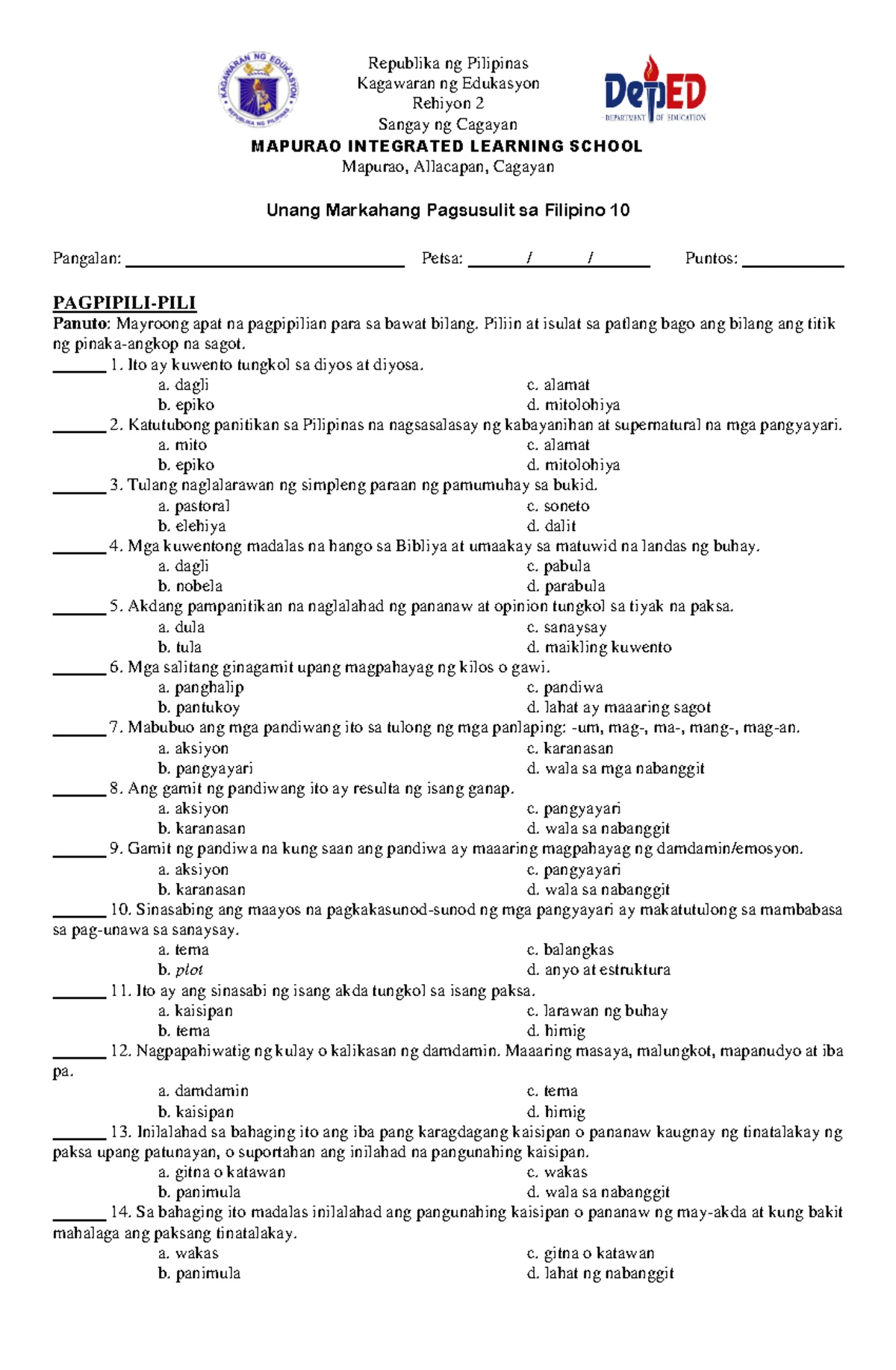 Answer-KEY-1st-grading-exam-in-Filipino-10-2021-2022 - Republika ng ...