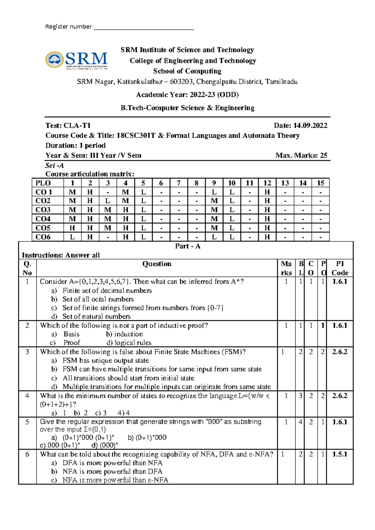 18CSC301T Formal Languages and Automata Theory - CT1 Answer Key - Studocu