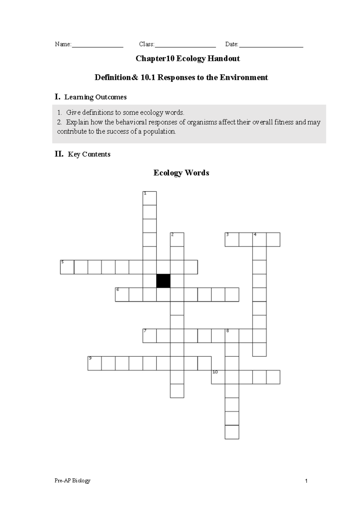 Chapter 10 Ecology Handout: Responses to the Environment & Key Terms ...
