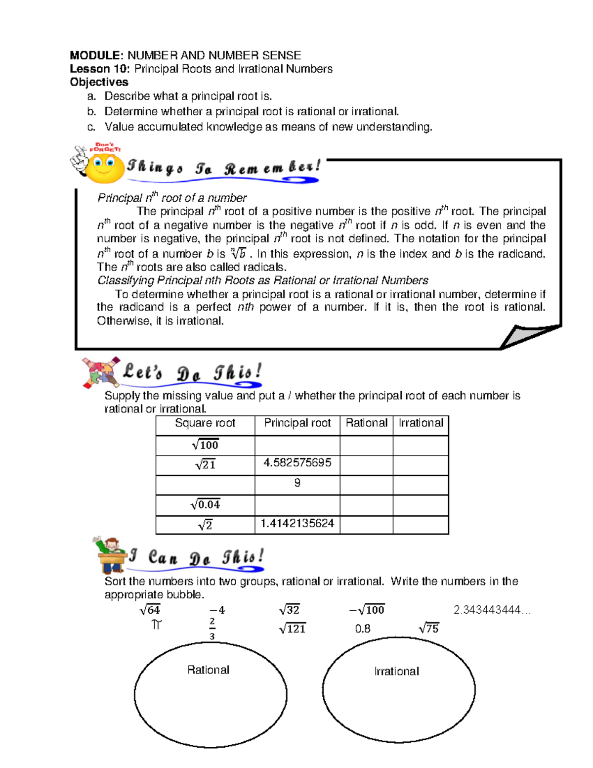 Q1-LAA-11 - Worksheet on Principal Roots in Grade 7 Math - Studocu