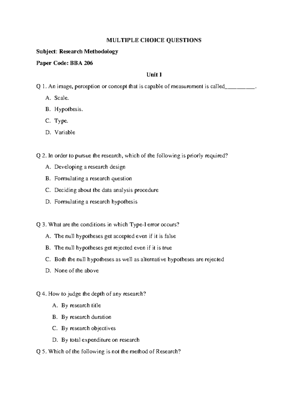 RM-MCQs - Muliple Chioce - MULTIPLE CHOICE QUESTIONS Subject: Research ...