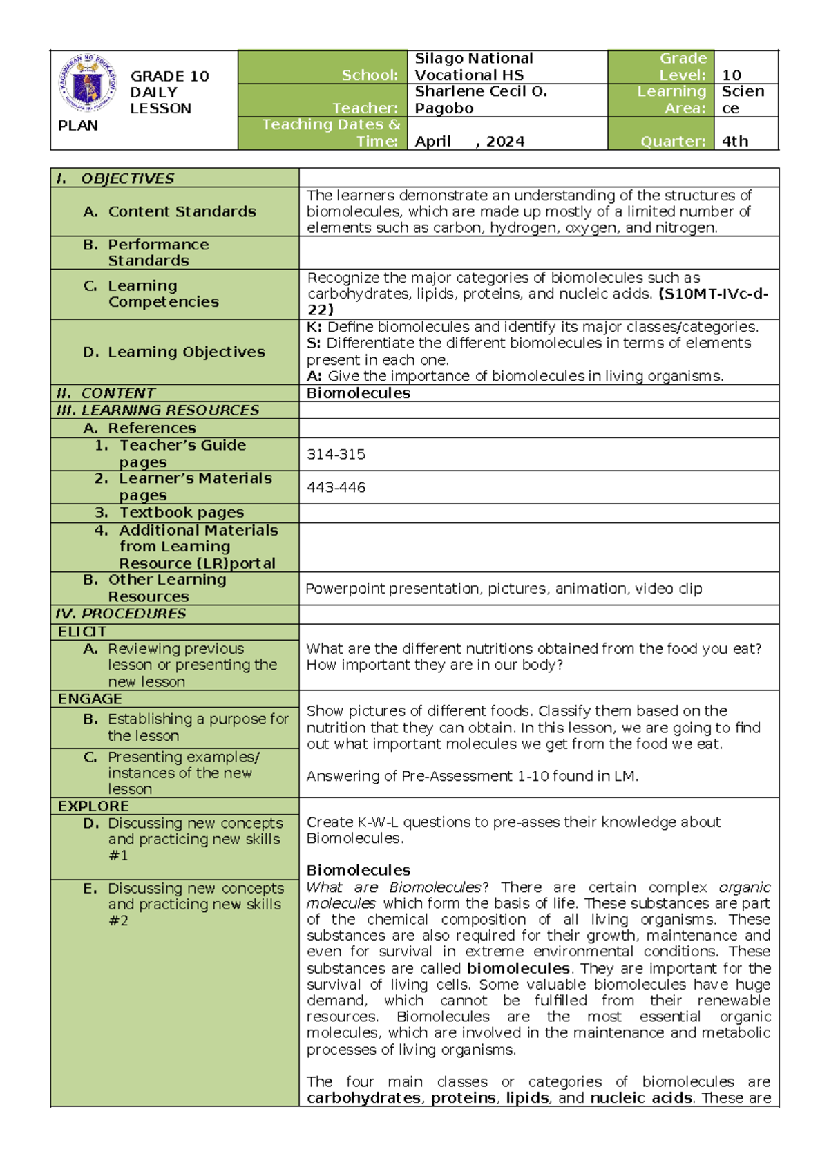 Science 10-DLP7 Daily Lesson Plan on Biomolecules and Elements - Studocu
