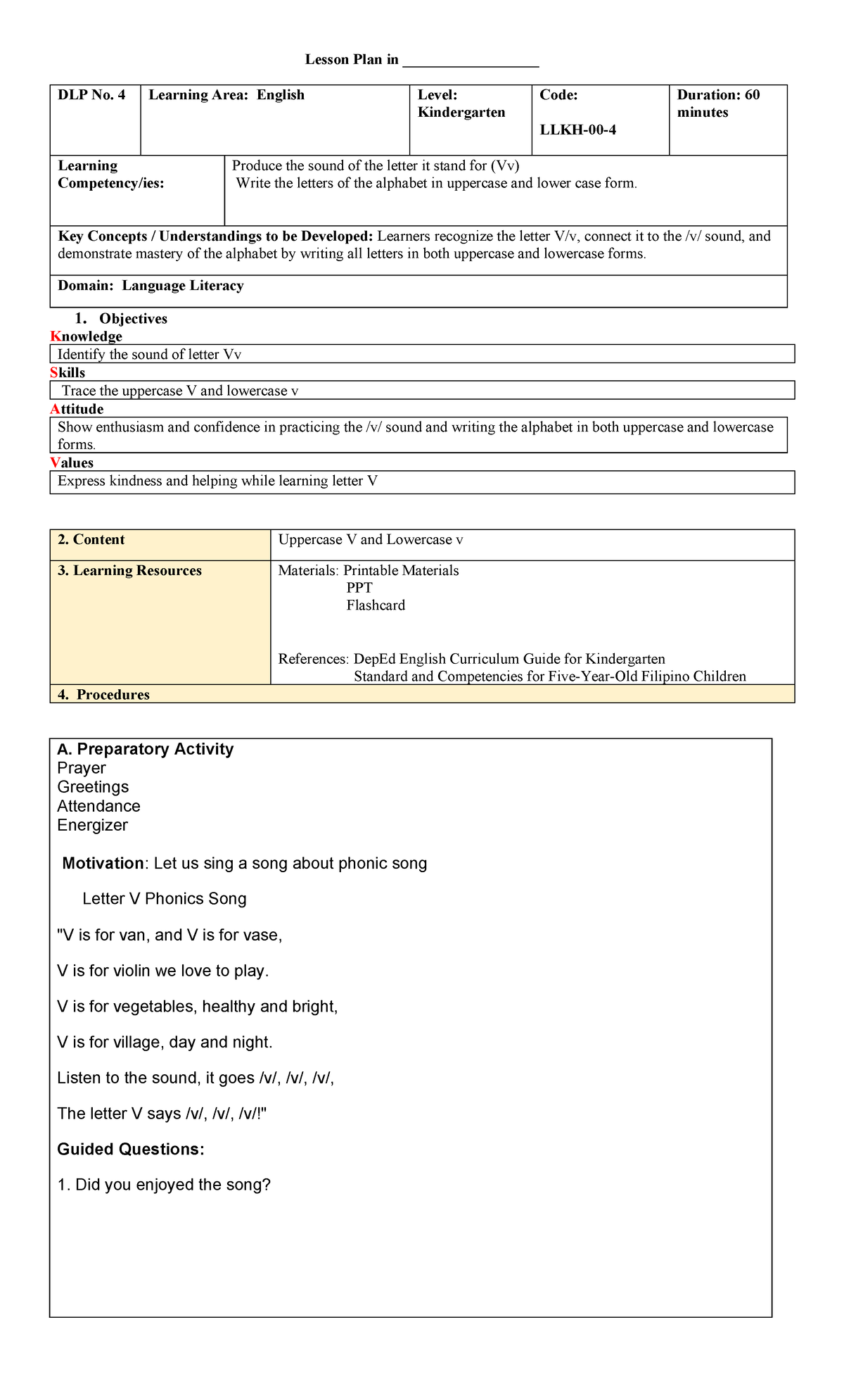 DLP Lesson Plan: Mastering Uppercase & Lowercase V (Kindergarten) - Studocu