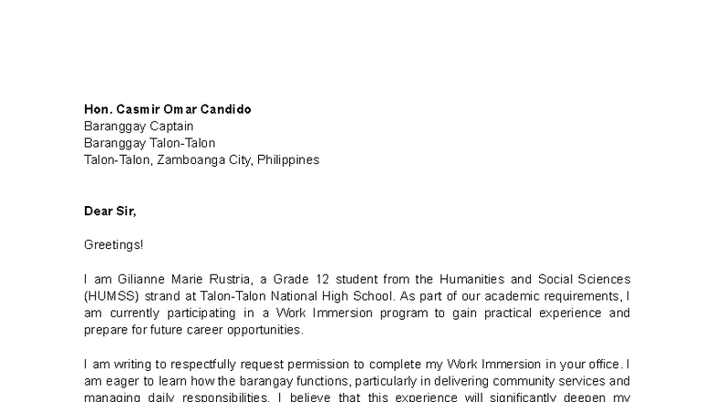 HUMSS Work Immersion Application Letter Template - Studocu