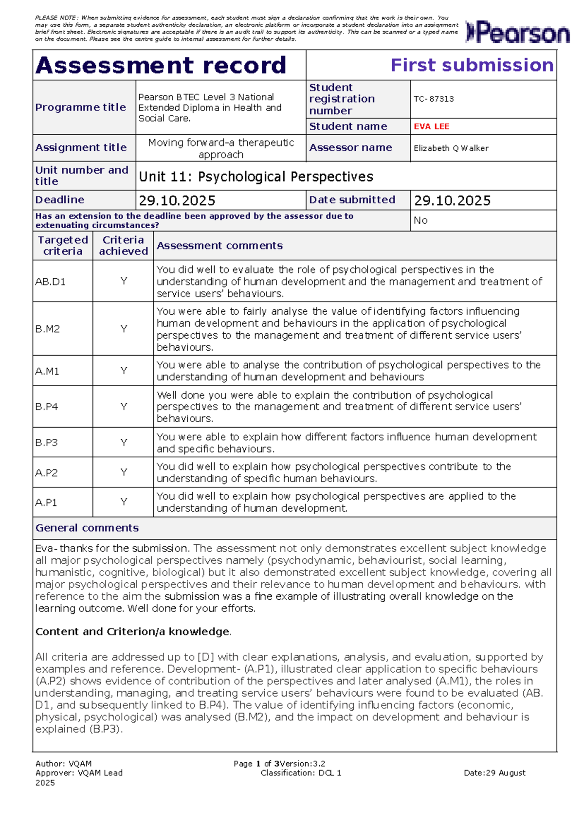 Unit 11: Psychological Perspectives Assessment Record [T1] - Studocu