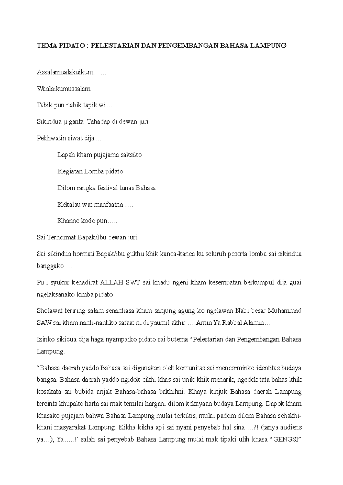 Pidato KAK FIT: Pelestarian dan Pengembangan Bahasa Lampung - Studocu