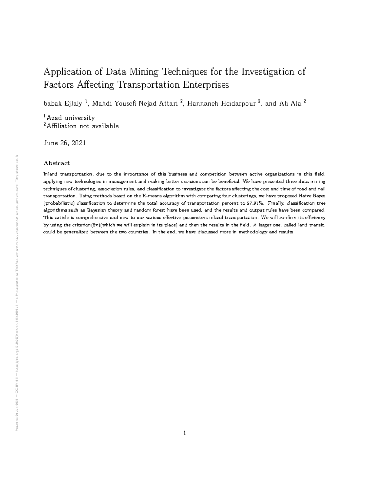 Data Mining Techniques in Transportation: Factors Impacting Costs & Time - Studocu