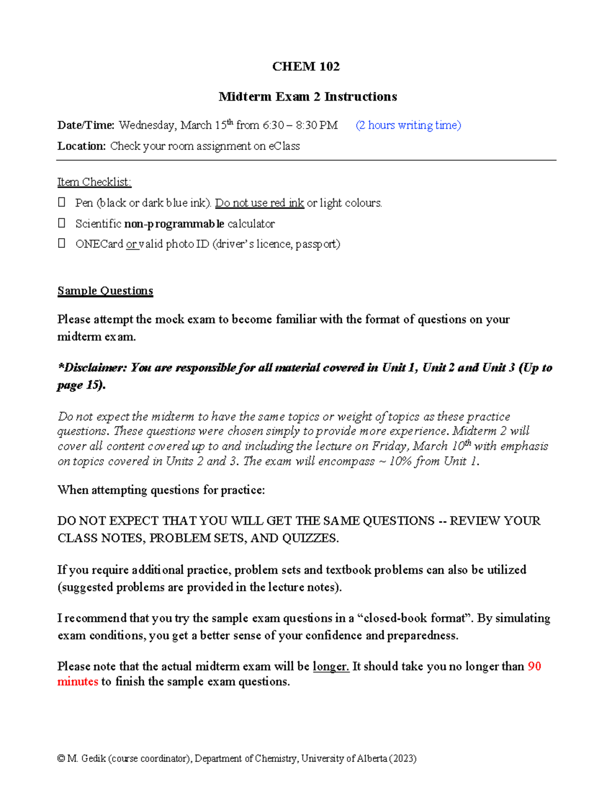 CHEM 102 Sample Midterm Exam 2 Questions and Instructions - Studocu