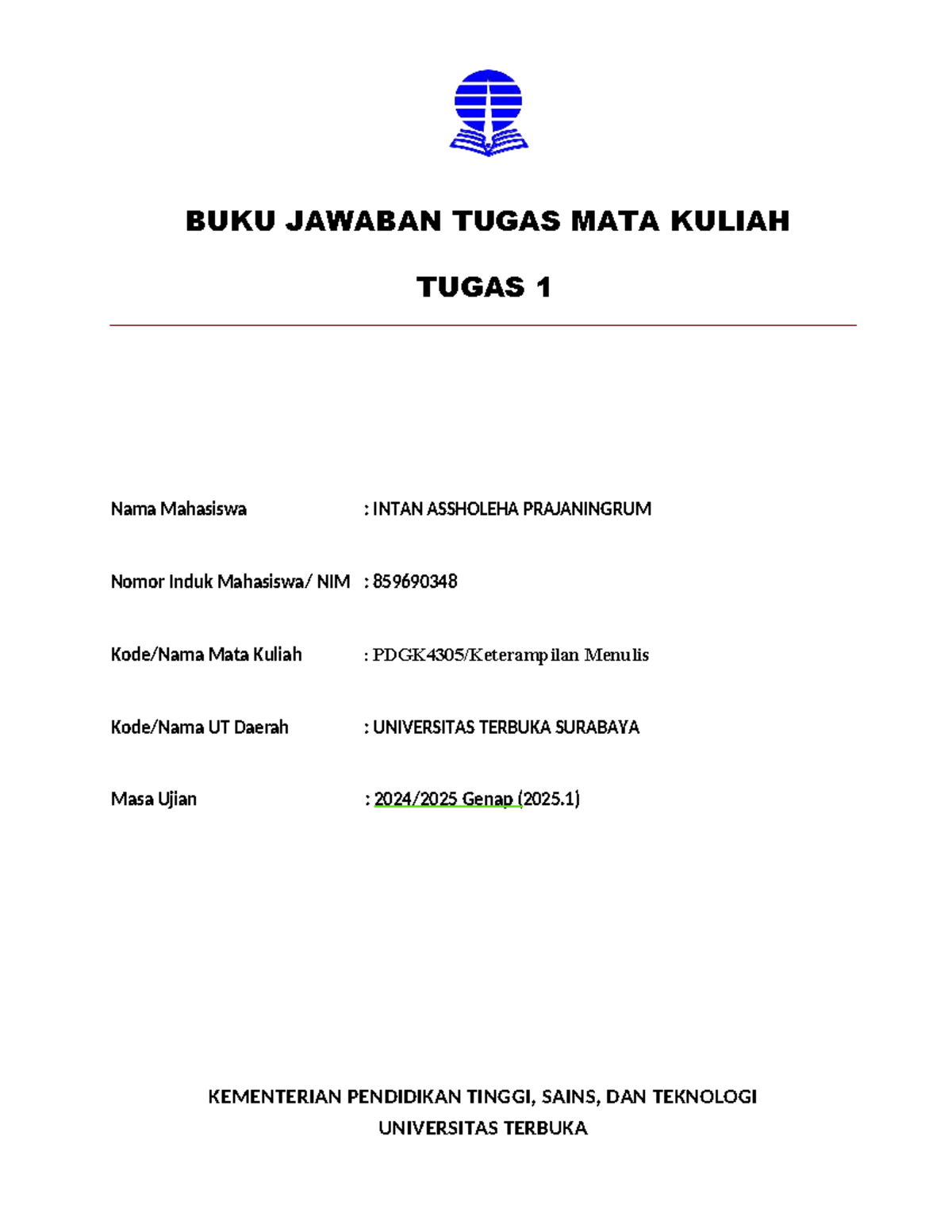 BJT Tugas 1 - Menulis UT Genap 2025.1 oleh Intan Assholeha - Studocu