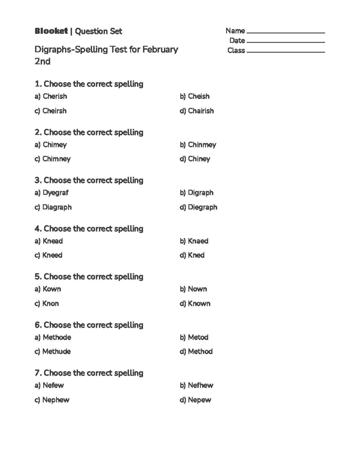 Digraphs Spelling Test (Blooket) for February 2nd - Studocu